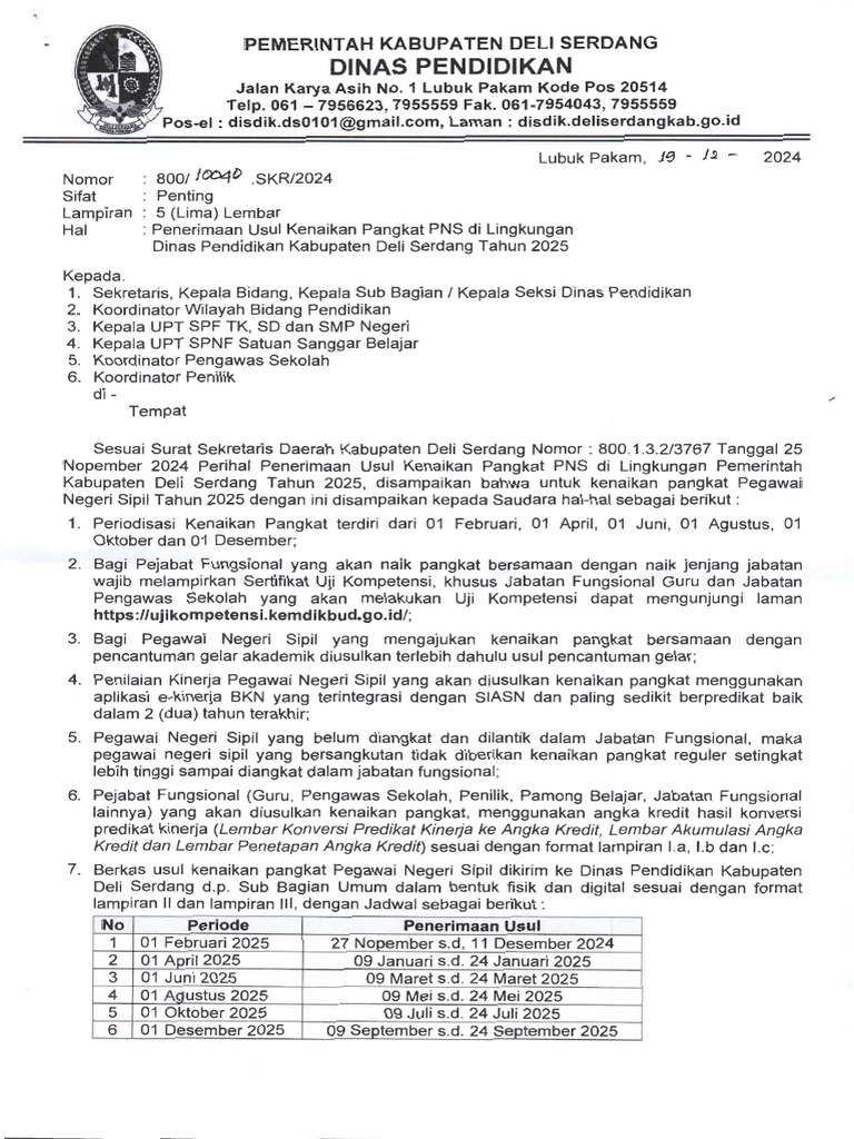 Surat Edaran Penerimaan Usul Kenaikan Pangkat PNS Di Lingkungan Dinas Pendidikan Kabupaten Deli ...