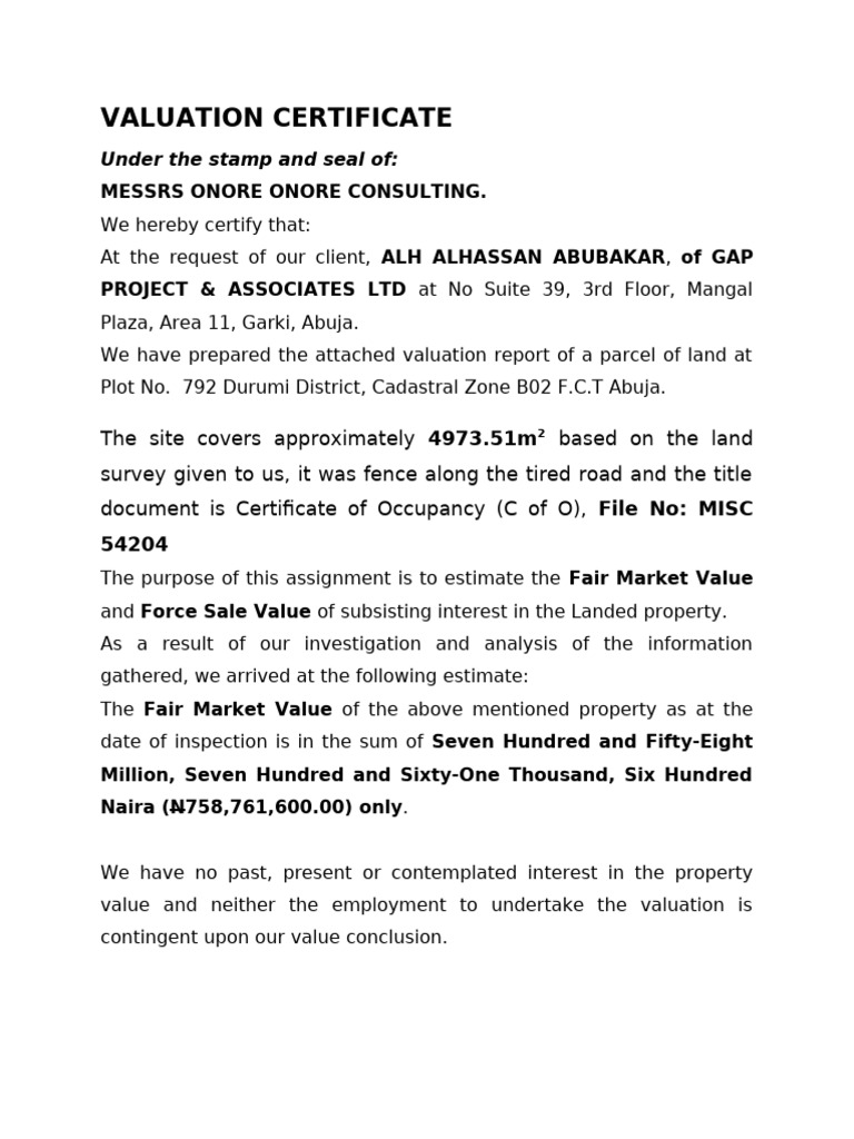 VALUATION CERTIFICATE for Durumi | PDF