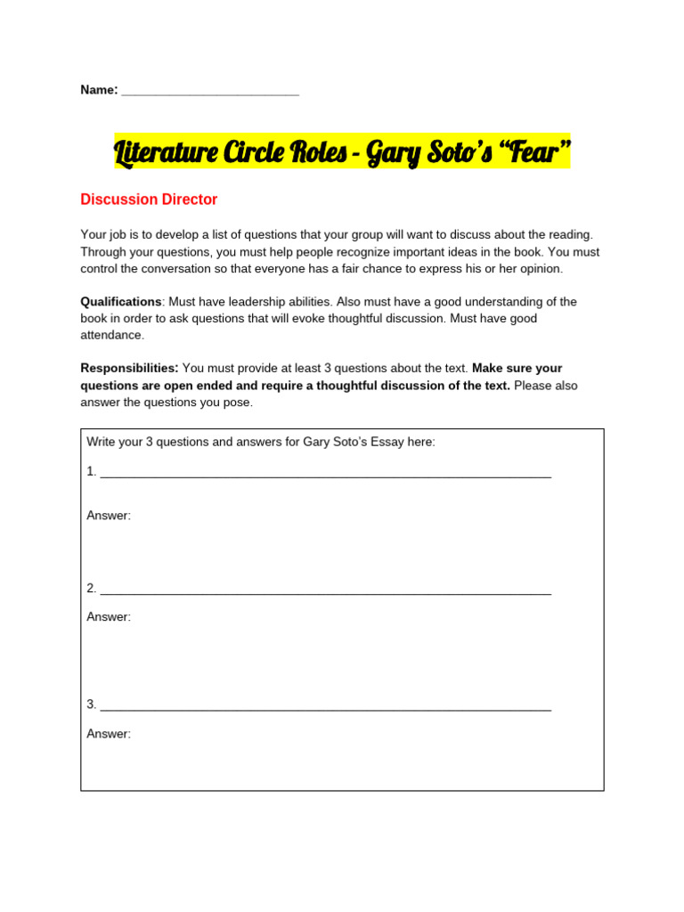 2024 Gary Soto Fear Lit Circle Roles Activity | PDF | Vocabulary ...