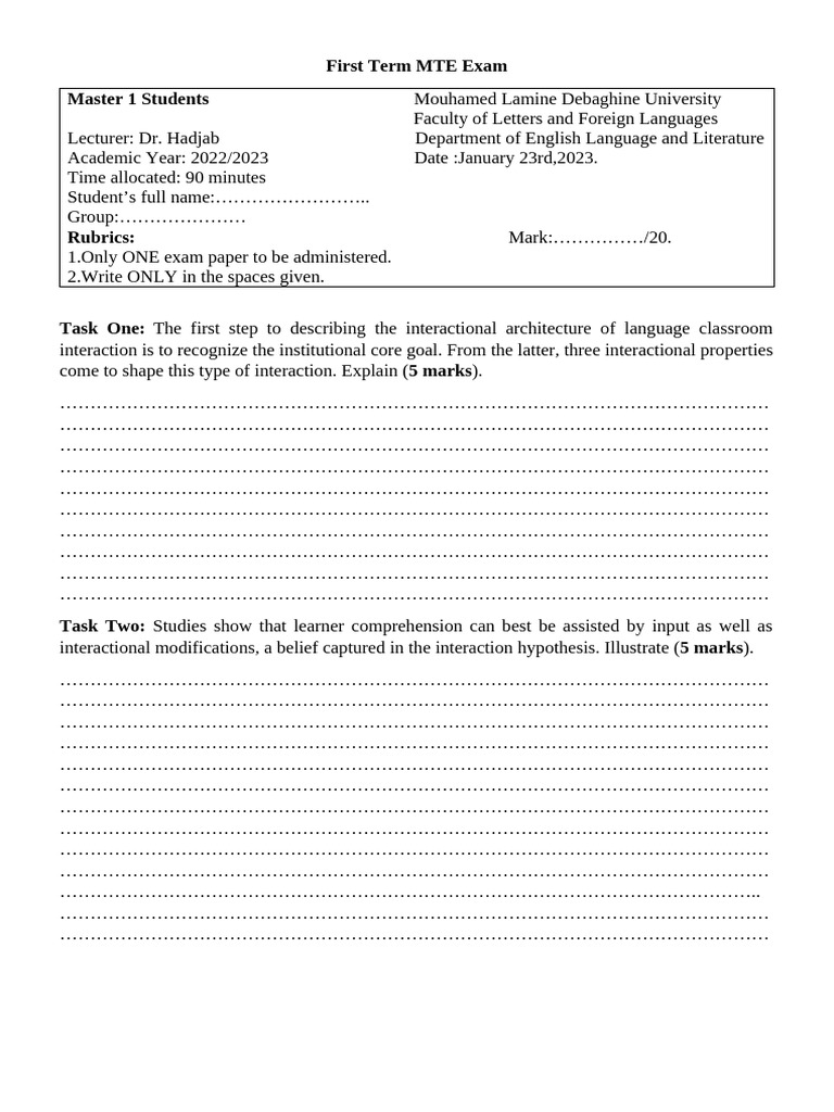 MTE Exam for Master 1 English Students | PDF | Behavior Modification ...