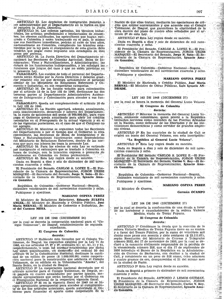 Ley 163 de 1948 (Memoria de Lucio Velasco) | PDF | Colombia ...