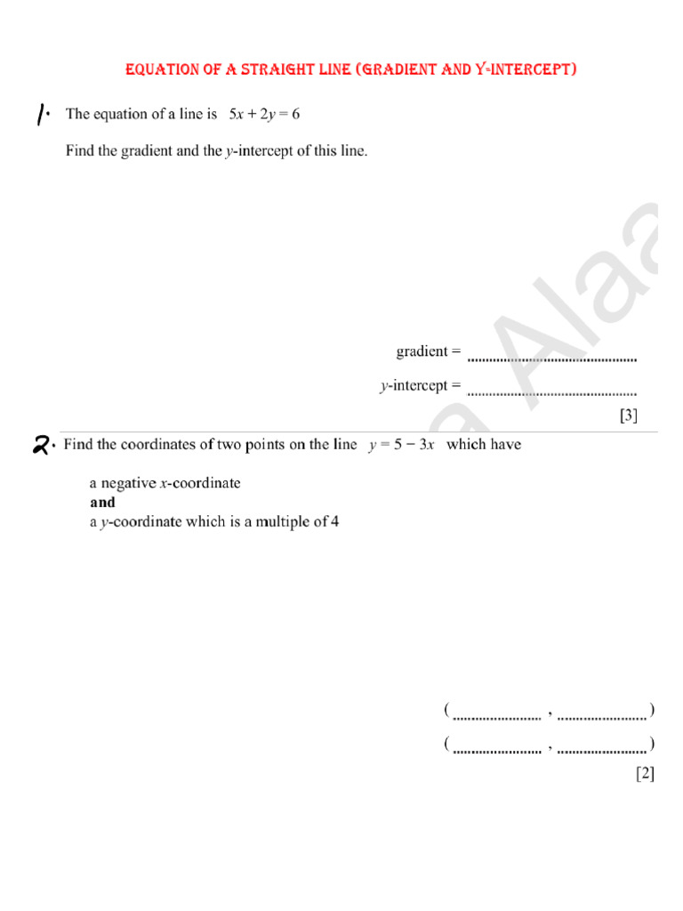 Eqn of Straight Line (Gradient and y Intercepts) Revision Questions ...