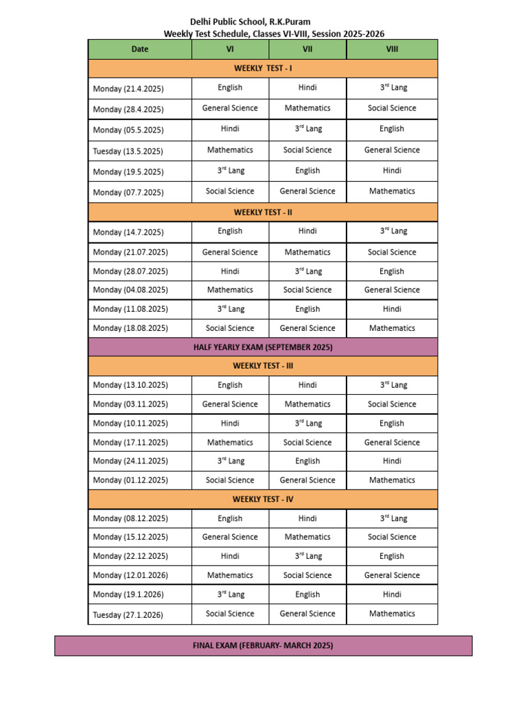 Weekly Test Schedule - VI-VIII, 2025-2026 | PDF