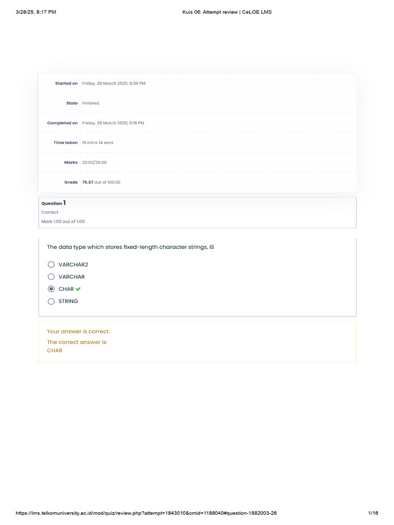 Kuis 06 - Attempt Review - CeLOE LMS | PDF | Databases | Data Management