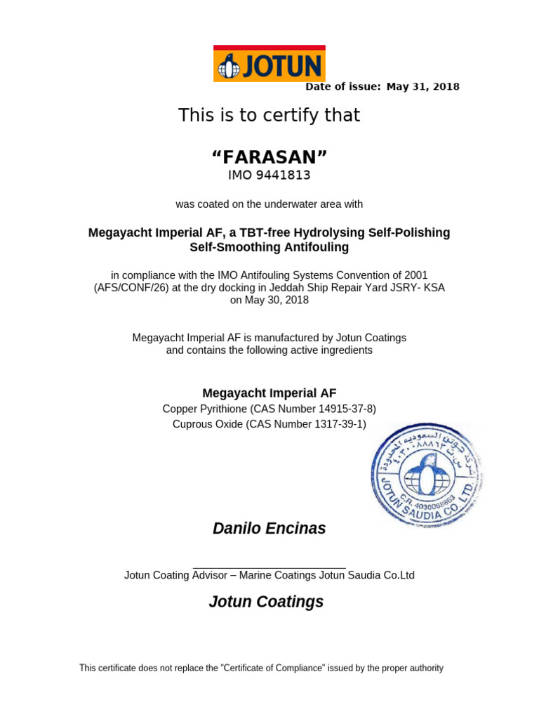 AF Certificate Megayacth Antifouling Farasan 2018 | PDF