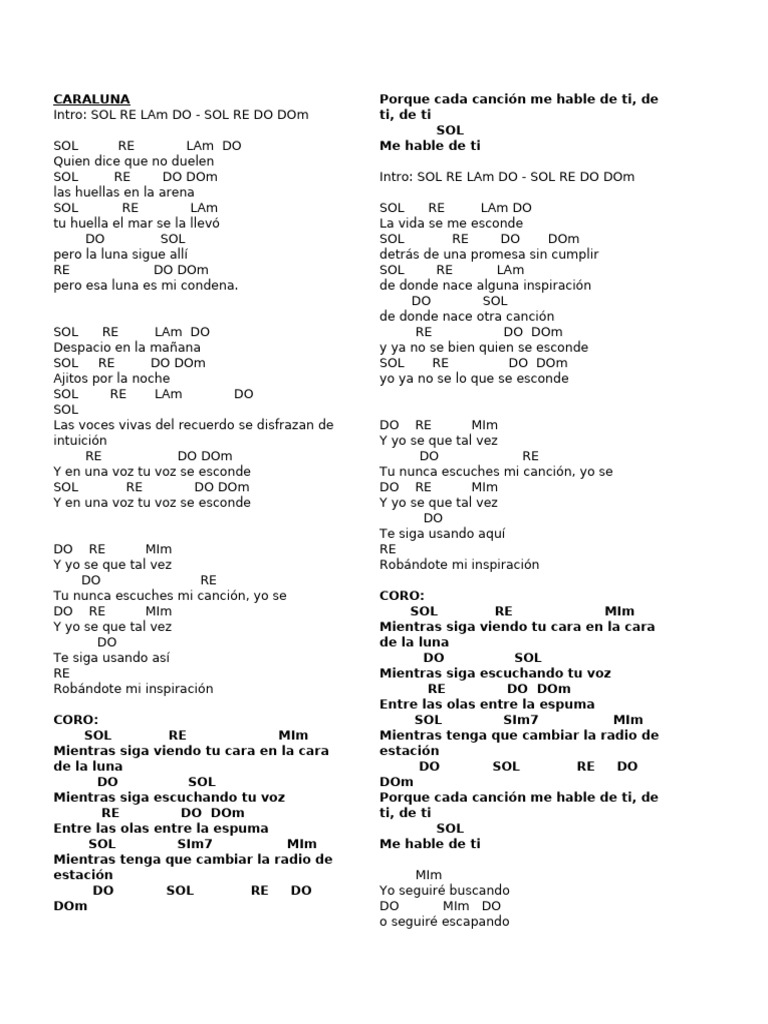 Acordes y letra de "Caraluna" | PDF