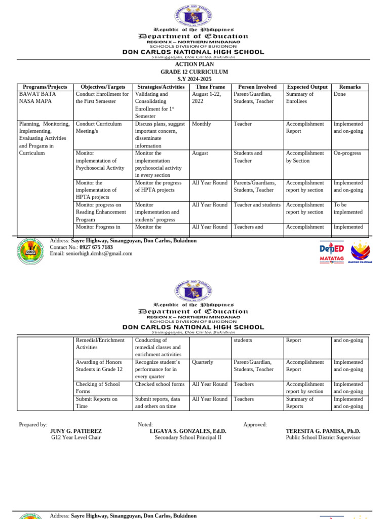Action Plan in Grade 12 Chairperson | PDF