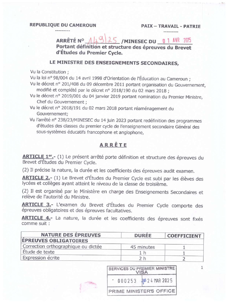 Arrêté Portant Définition Et Structure Des Épreuves Du BEPC-compressed ...