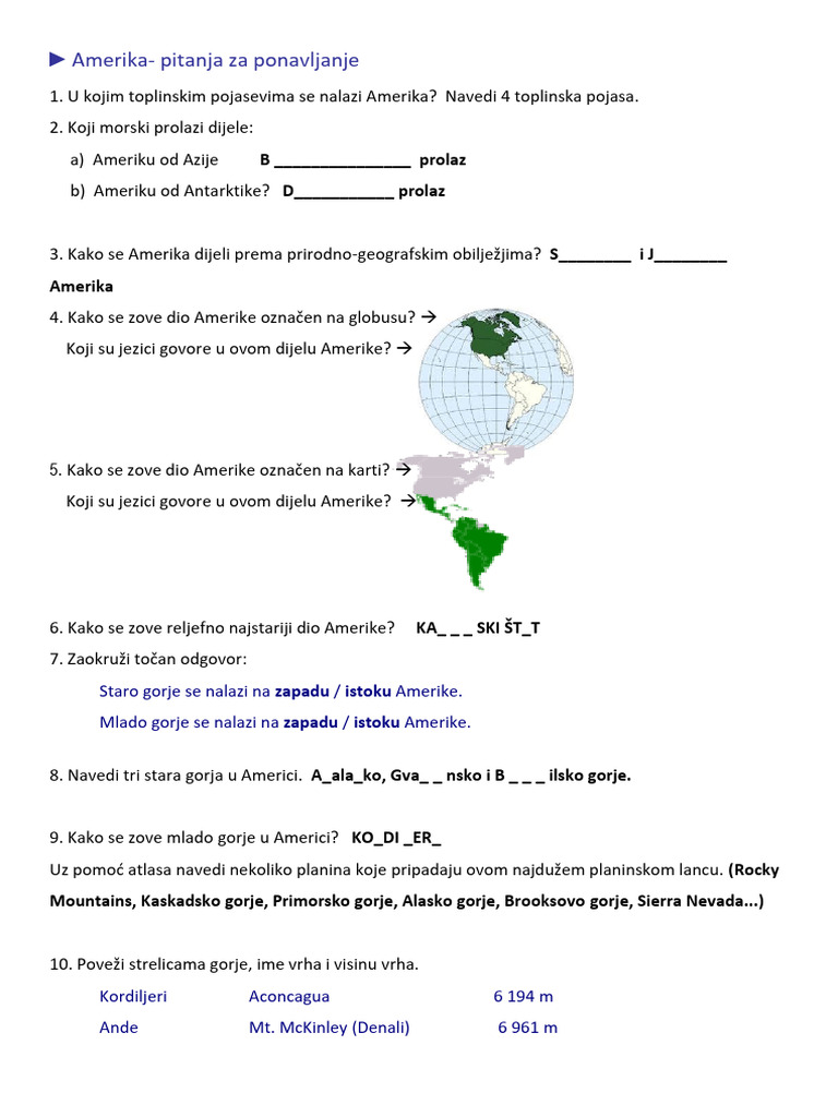 Amerika - Pitanja I Zadaci Za Ponavljanje | PDF