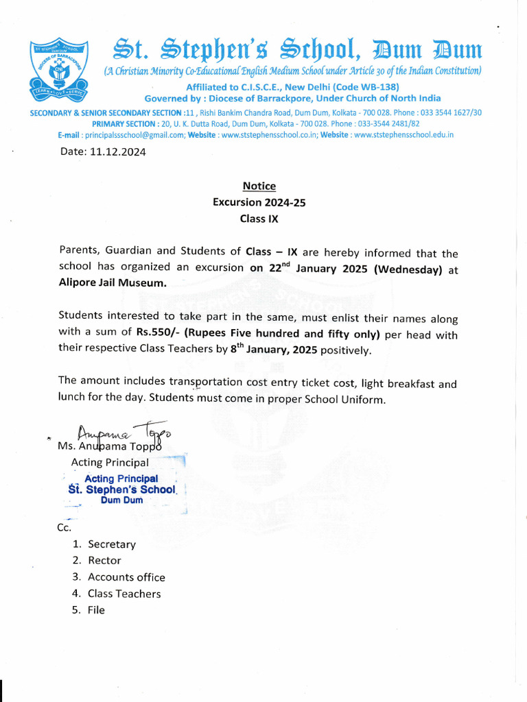 Excursion Notice For Class IX | PDF