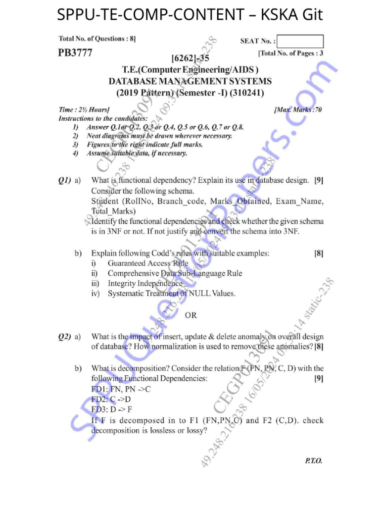 Dbms - 2024 - May-June - End-Sem (Sem-5) (2019 Pattern) | PDF