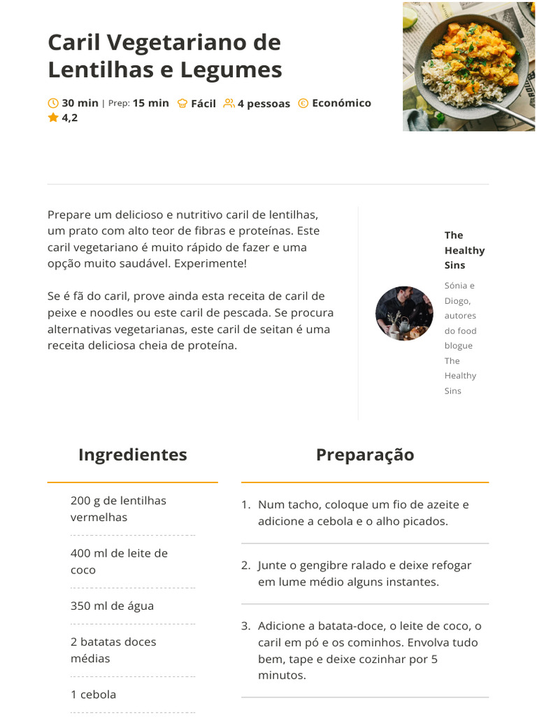 Caril de lentilhas | Receitas | Continente | PDF