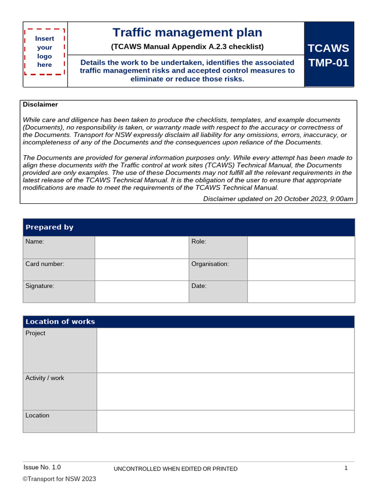 TCAWS TMP 01 - Traffic Management Plan | PDF | Traffic | Road