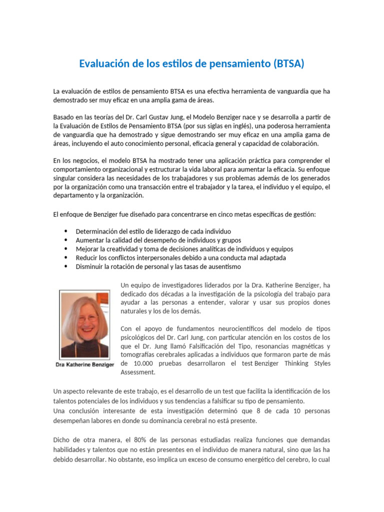Benziger Thinking Styles Assessment | PDF | Pensamiento | Cerebro