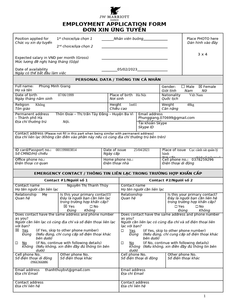 Application Form - Đơn Ứng Tuyển Khách Sạn JW Marriott Hanoi | PDF