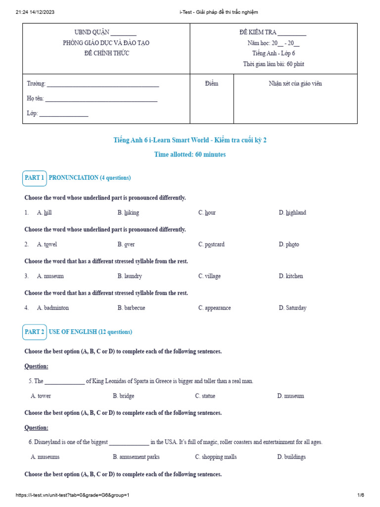 ENDTERM HK2 ĐỀ 2 60' | PDF