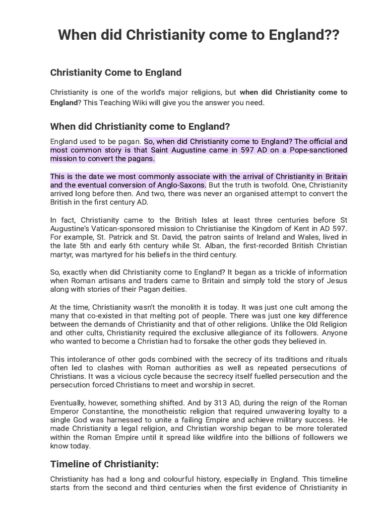 When Did Christianity Come To England - Twinkl | PDF | Methodism | Pope ...