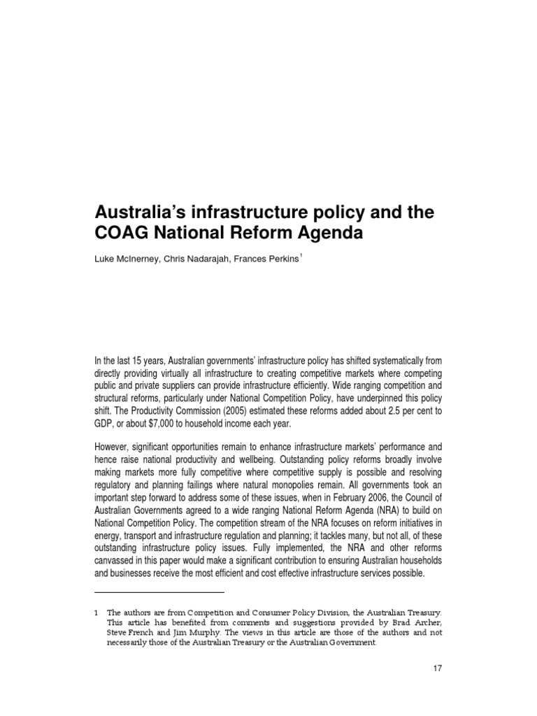 Australia's Infrastructure Policy and The COAG National Reform Agenda ...