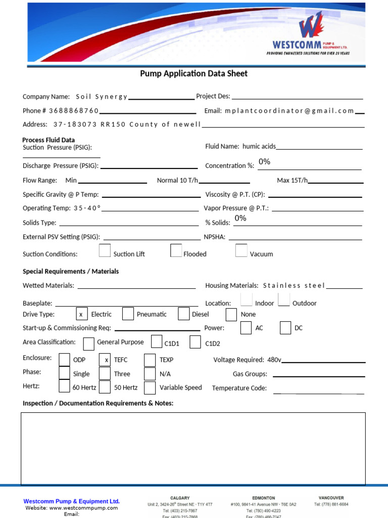 Westcomm Fillable Pump Application Datasheet Updated | PDF