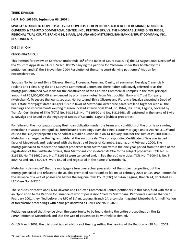 SPS Oliveros VS Presiding Judge | PDF | Mortgage Law | Foreclosure