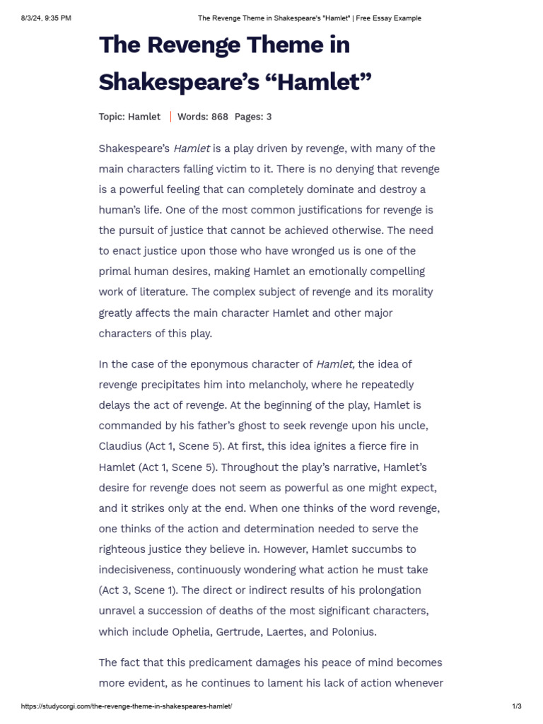 The Revenge Theme in Shakespeare's - Hamlet - Free Essay Example | PDF ...