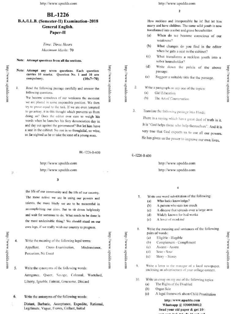 Ballb 2 Sem General English BL 1226 2018 | PDF