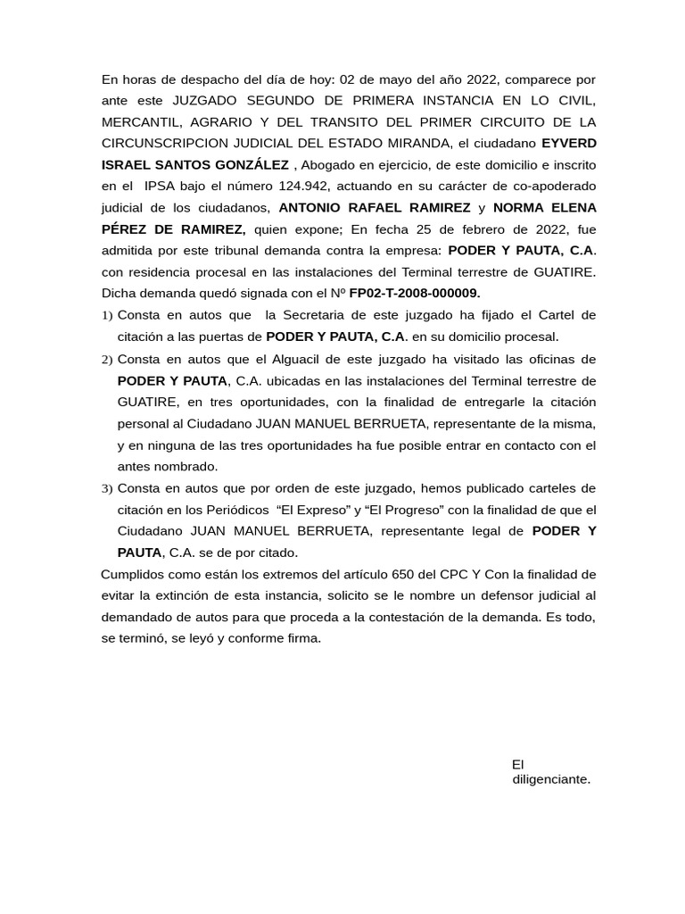 Diligencia Solicitando el nombramiento de defensor Adlitem | PDF