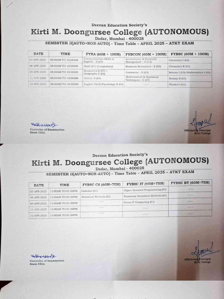 Fy - Atkt - Auto+non-Auto Sem 2 Timetable | PDF | Mathematics | Science