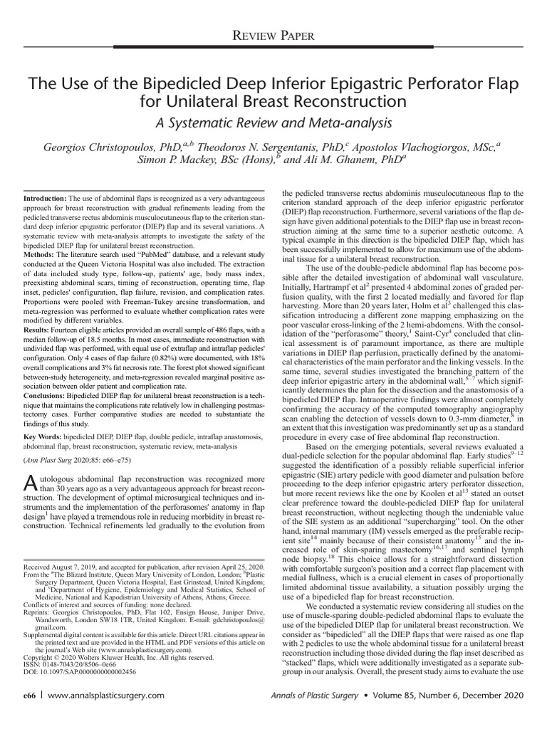 The Use of The Bipedicled Deep Inferior Epigastric Perforator Flap For Unilateral Breast ...