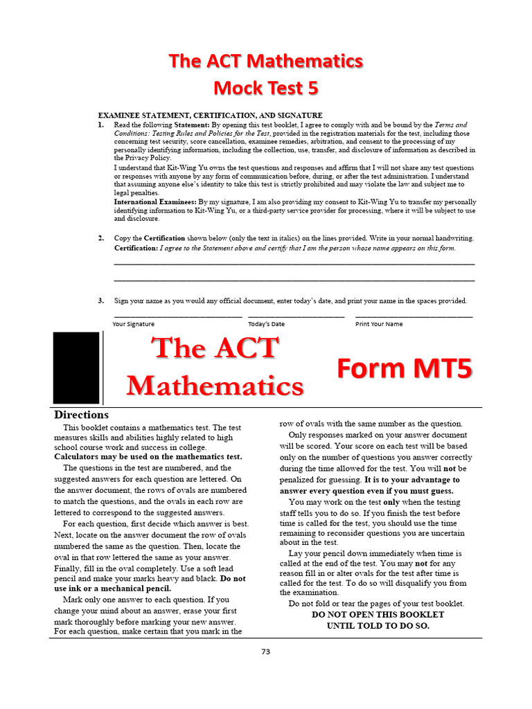 ACT Mathematics Mock Test 5 | PDF | Sat | Mean
