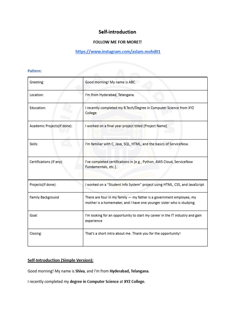 Self Intro Preparation by Aslam | PDF | Software Engineering ...