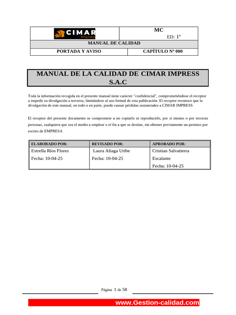 Manual de Calidad de CIMAR IMPRESS | PDF | Calidad (comercial ...