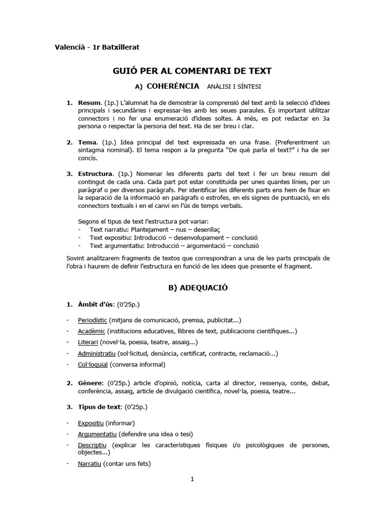 GUIÃ PER AL COMENTARI DE TEXT 1r BAT | PDF