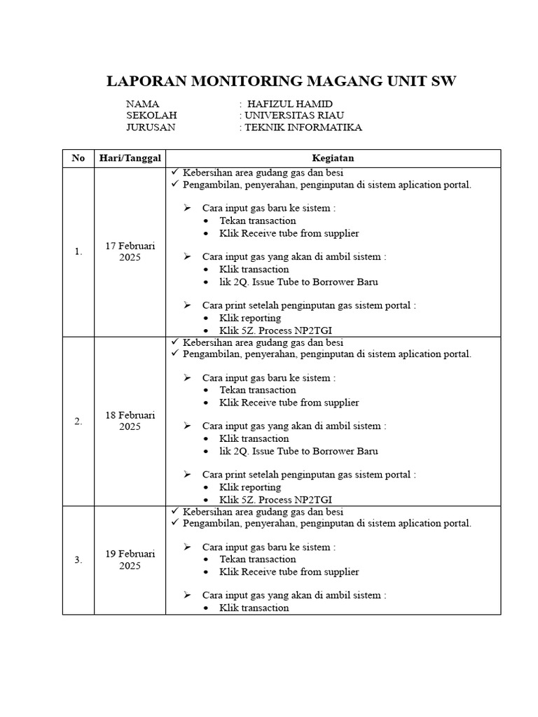 LAPORAN MONITORING MAGANG UNIT SW (2) | PDF