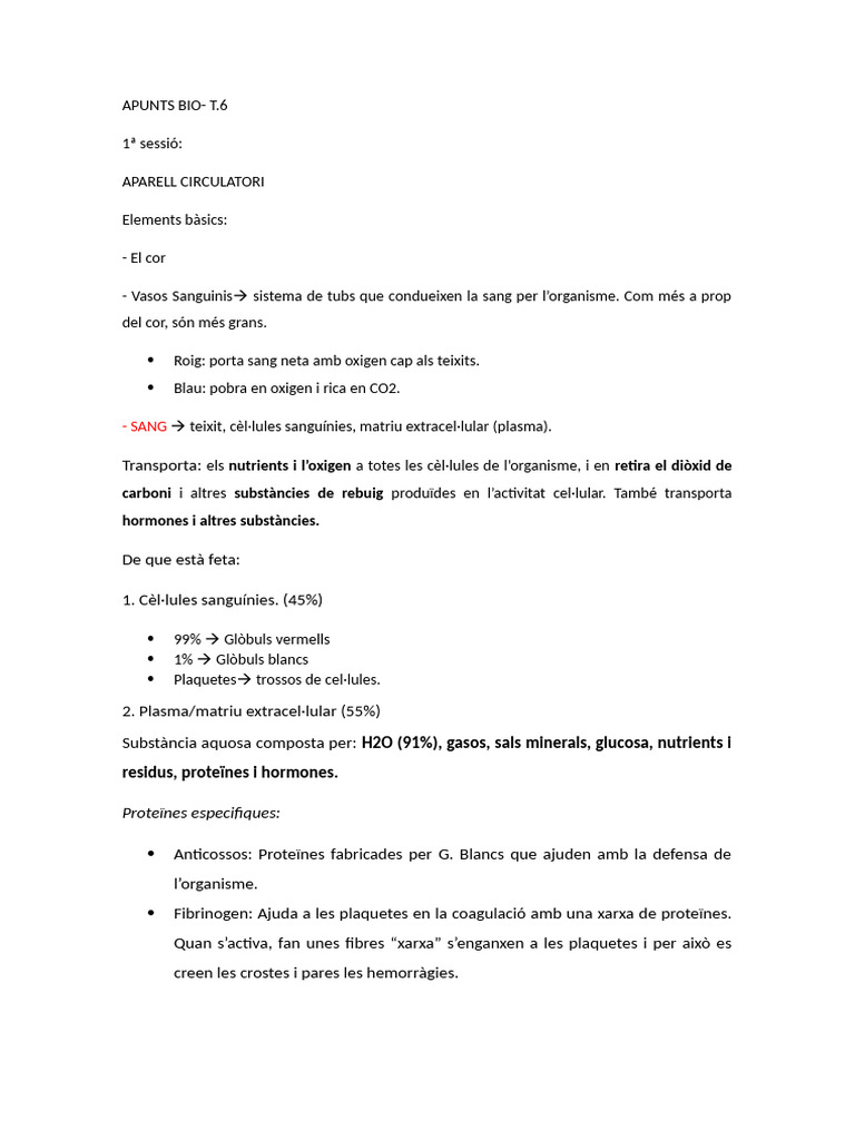 APUNTS BIO - t.6 Aparell Circulatori | PDF