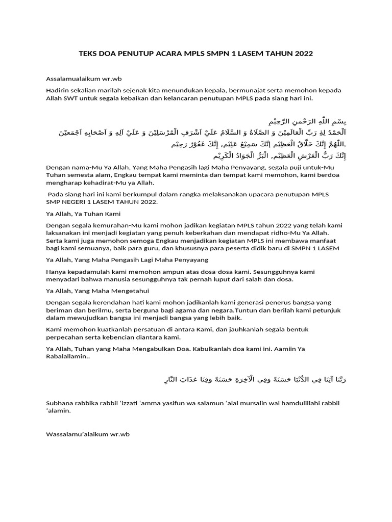 Teks Doa Penutup Acara Mpls Smpn 1 Lasem Tahun 2022 | PDF