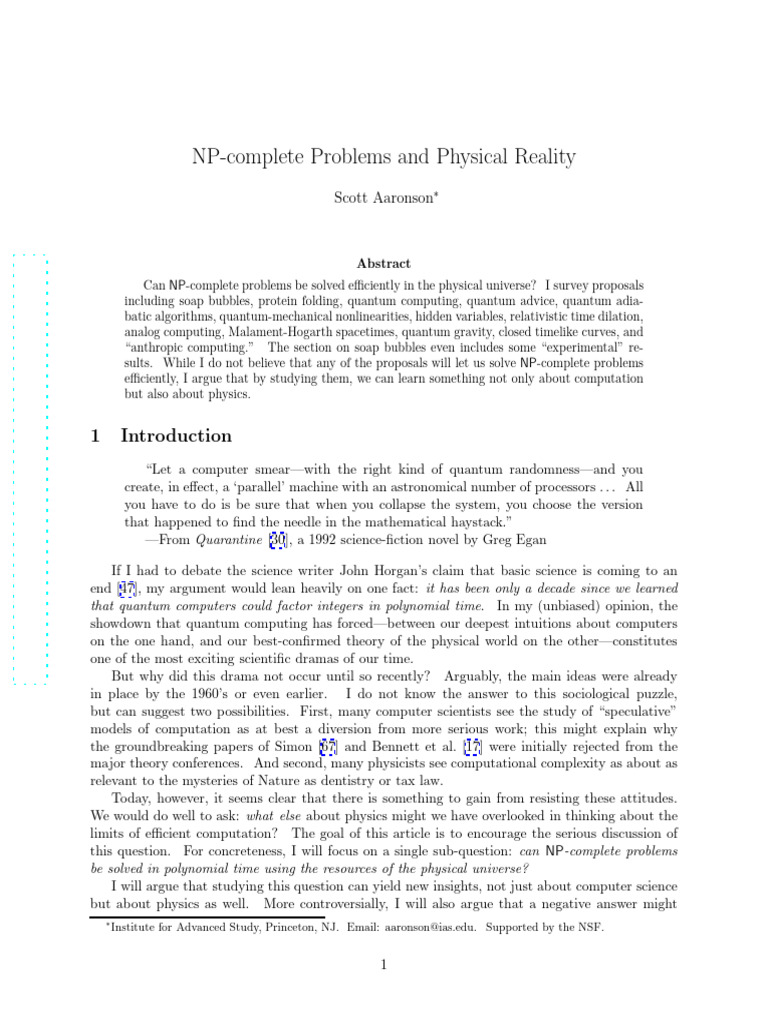 NP-complete Problems and Physical Reality | PDF | Quantum Computing | Time Complexity