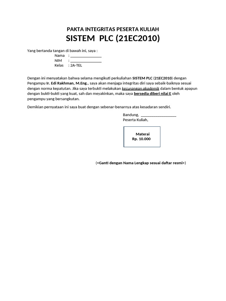 Dokumen Form Pakta Integritas Kuliah | PDF