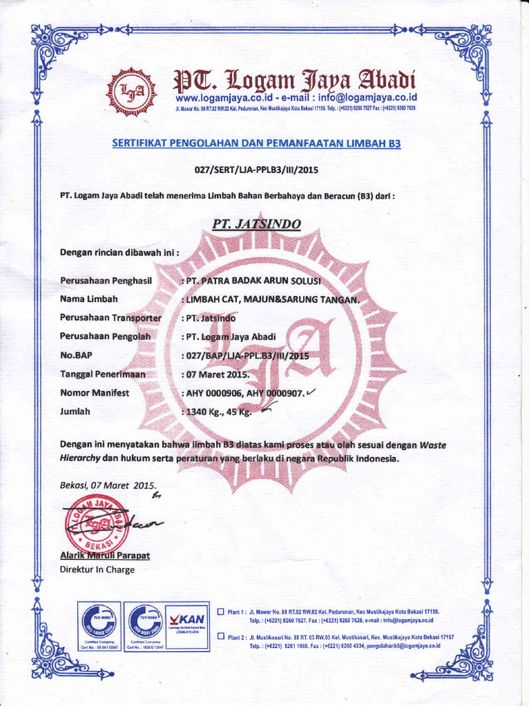 Sertifikat Pengolahan Dan Pemanfaatan Limbah B3 PT. JATSINDO | PDF