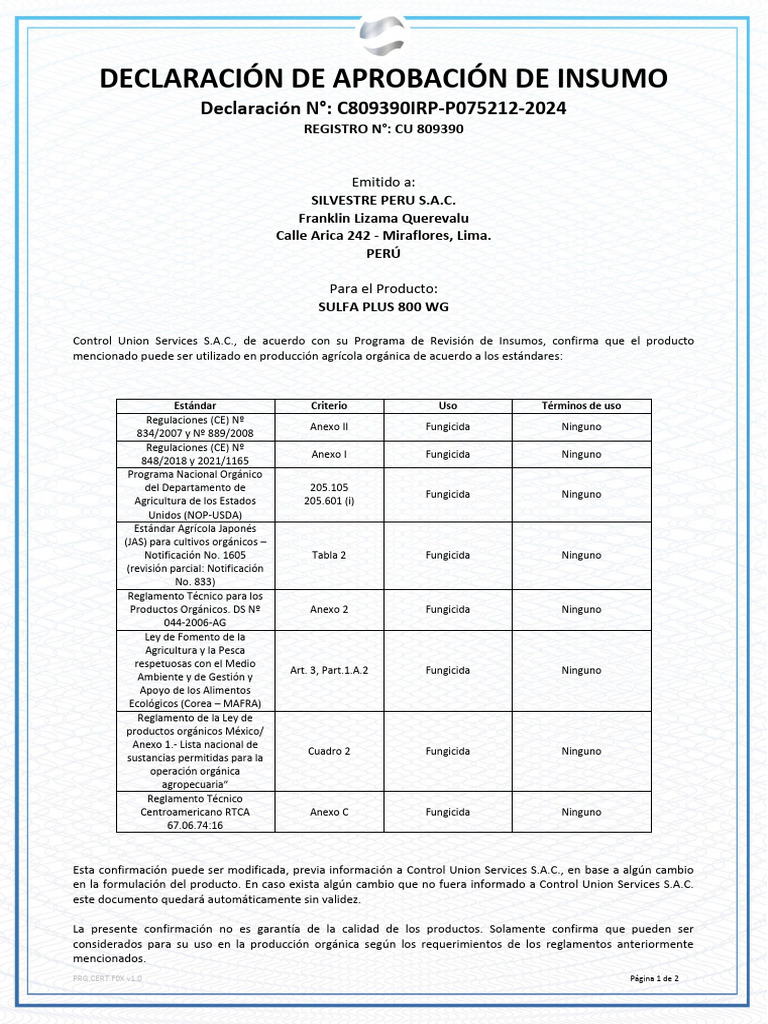 SULFA PLUS 800WG (Vence 29-10-2025) | PDF