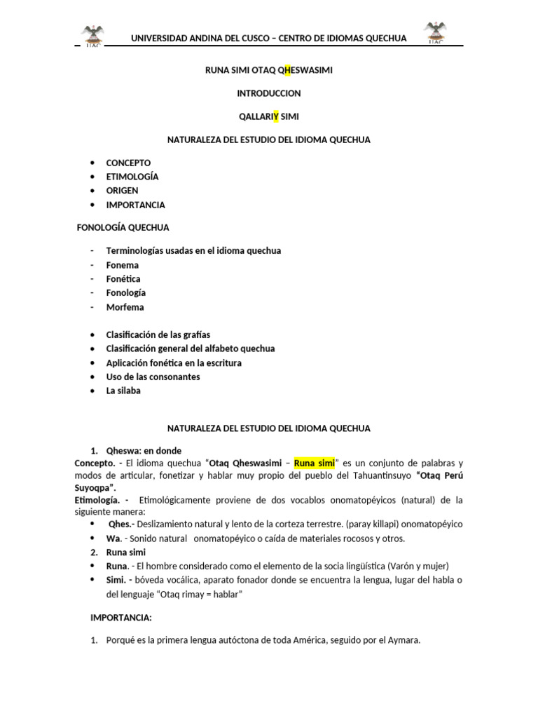 Runa Simi Otaq Qheswasimi | PDF | Fonología | Palabra
