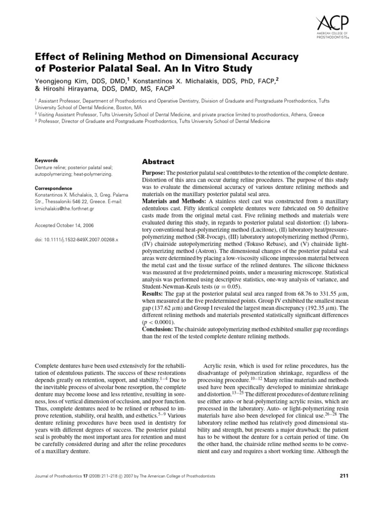 Effect of Relining Method On Dimensional | PDF | Dentures | Dental Degree