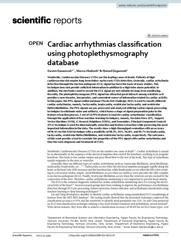 Cardiac arrhythmias classification using photoplethysmography database | PDF | Heart ...