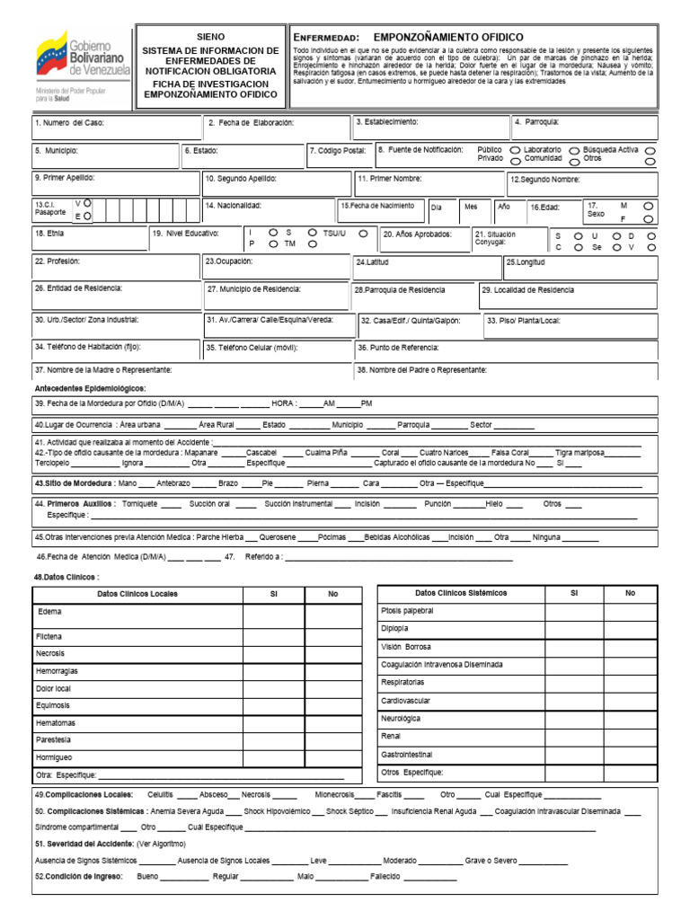 3.-Ficha Empozoñamiento Por Ofidio-MPPS | PDF | Medicina CLINICA | Especialidades Medicas