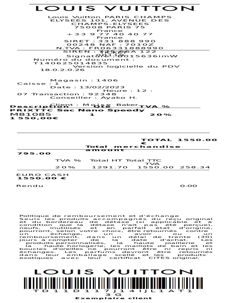 Ticket d'achat Louis Vuitton 13/02/2023 | PDF
