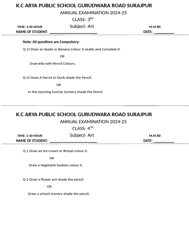KC ARYA 3RD J 4th DRAWING PAPER | PDF