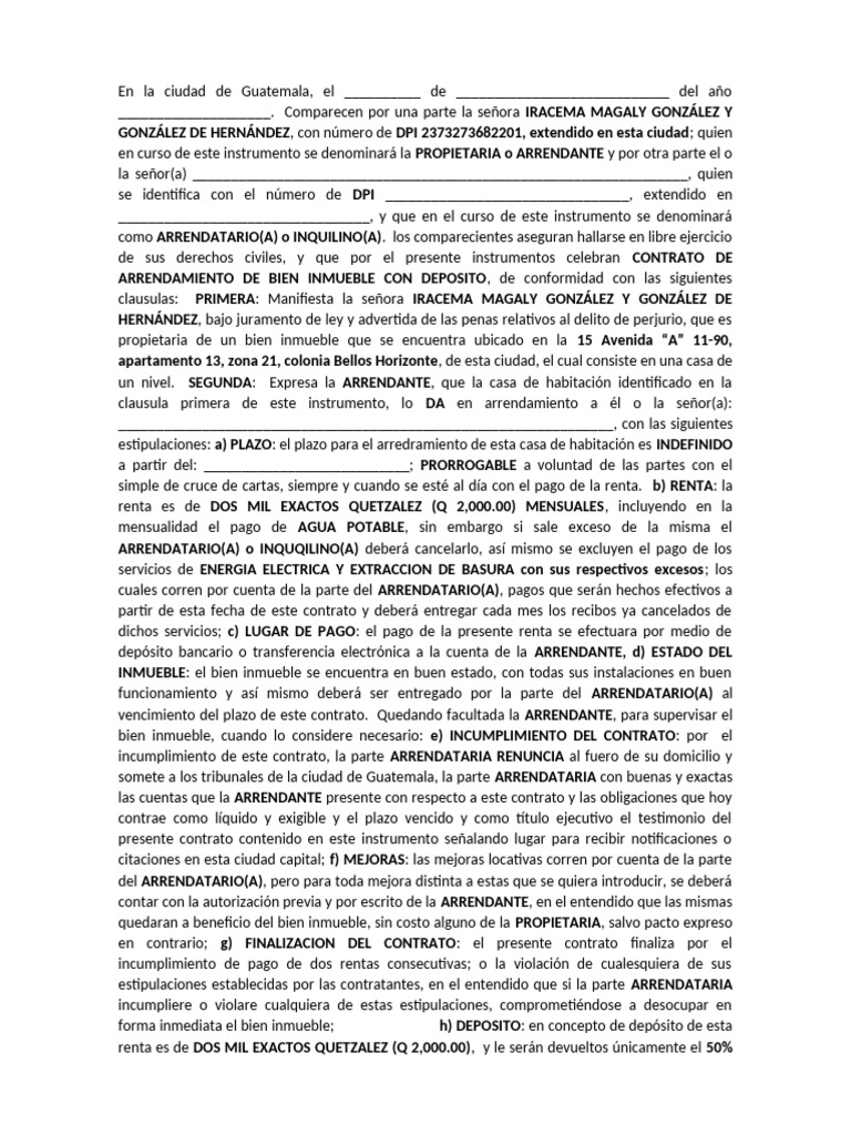 CONTRATO DE ALGUILER CASA BELLOS HORIZONTE | PDF