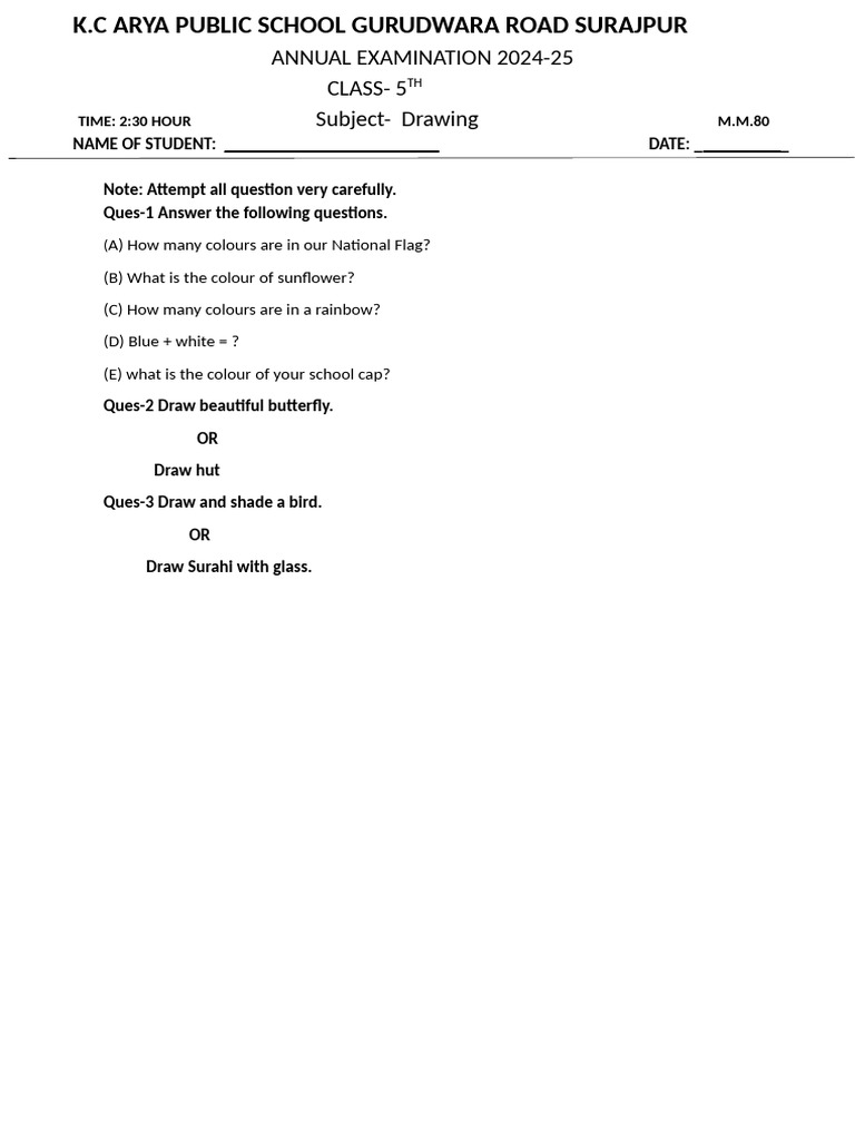 Class 5 Drawing Exam Paper 2024-25 | PDF