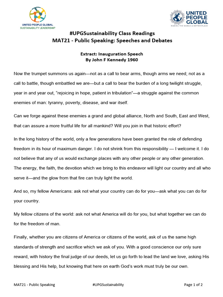 Reading 12 - Extract Inauguration Speech by John F Kennedy 1960 ...