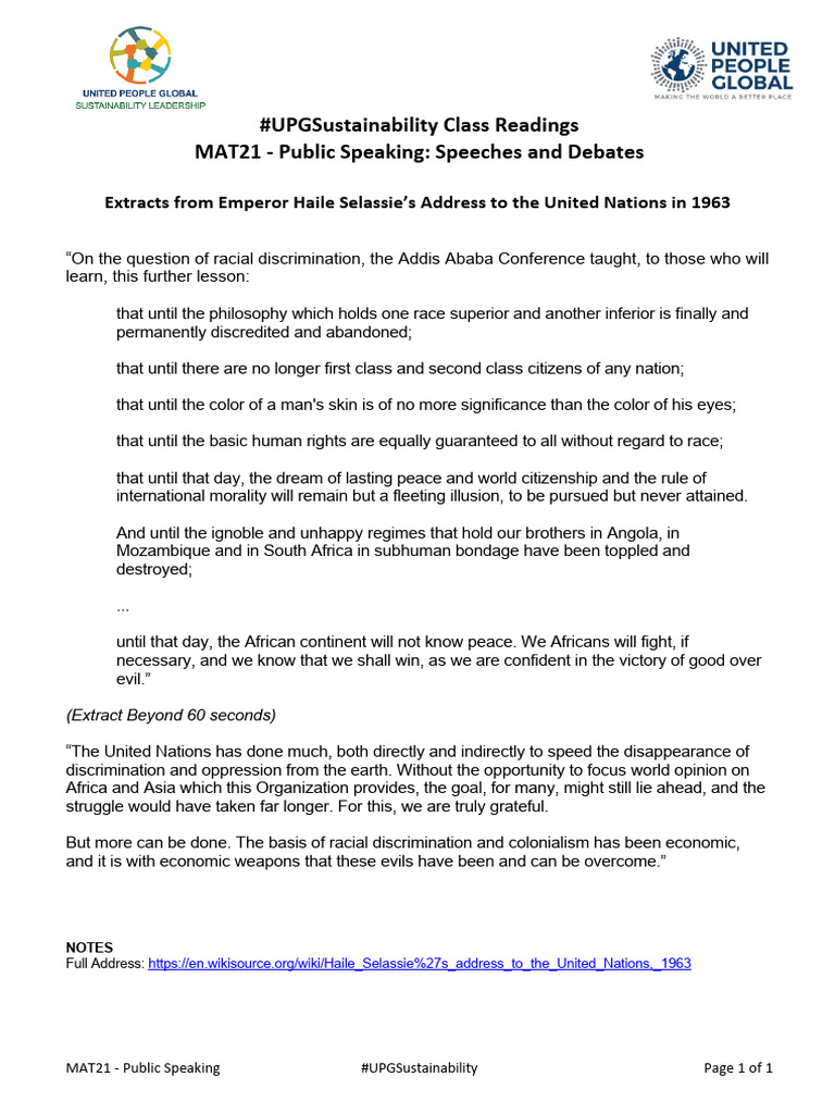 Reading 1 - Extract Haile Selassie Address to UN 1963 ...